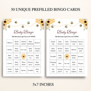 30 Printable Prefilled Baby Shower Bingo Cards, Honey Bee Baby Shower ...