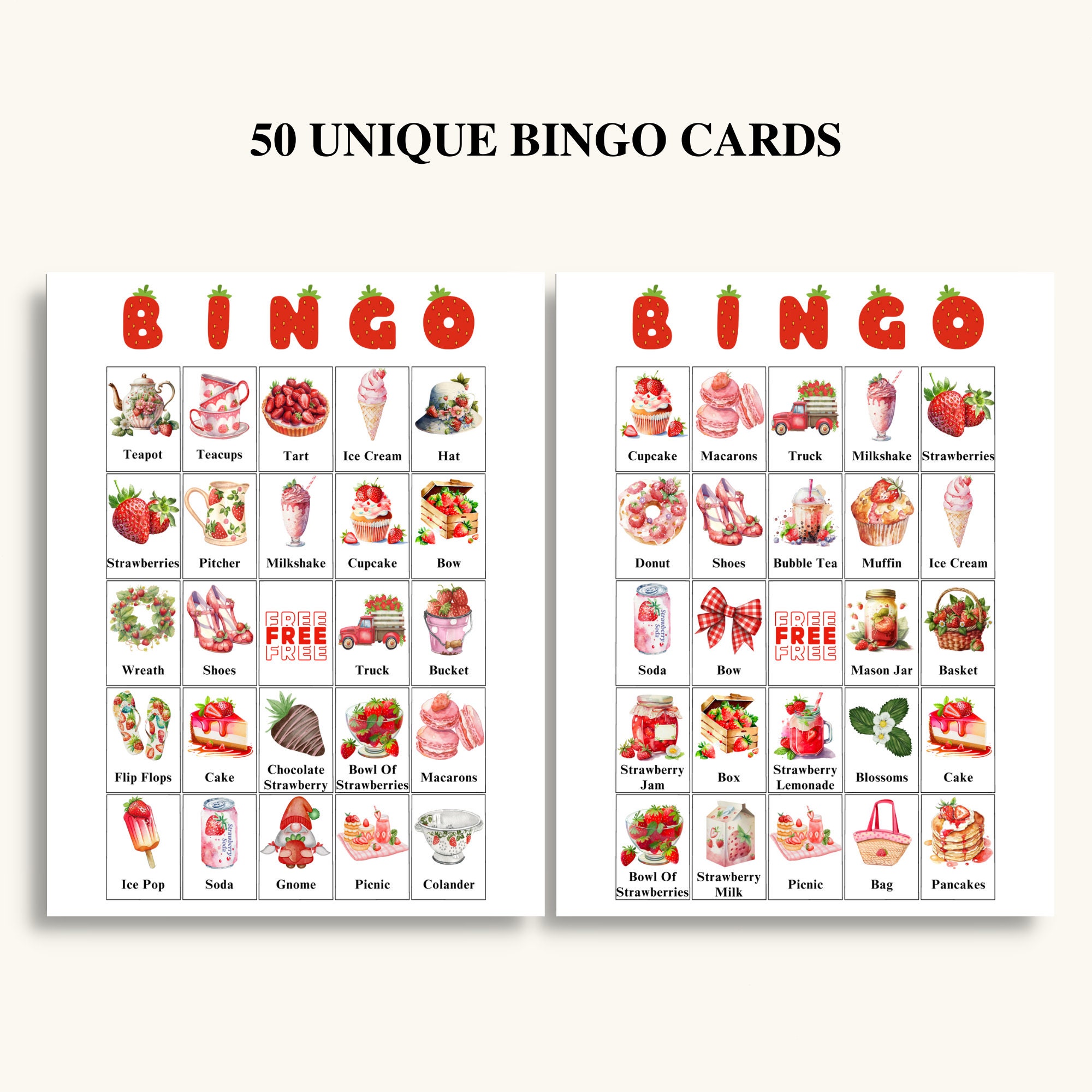 50 Printable Strawberry Picture Bingo Cards, Strawberry Bingo ...
