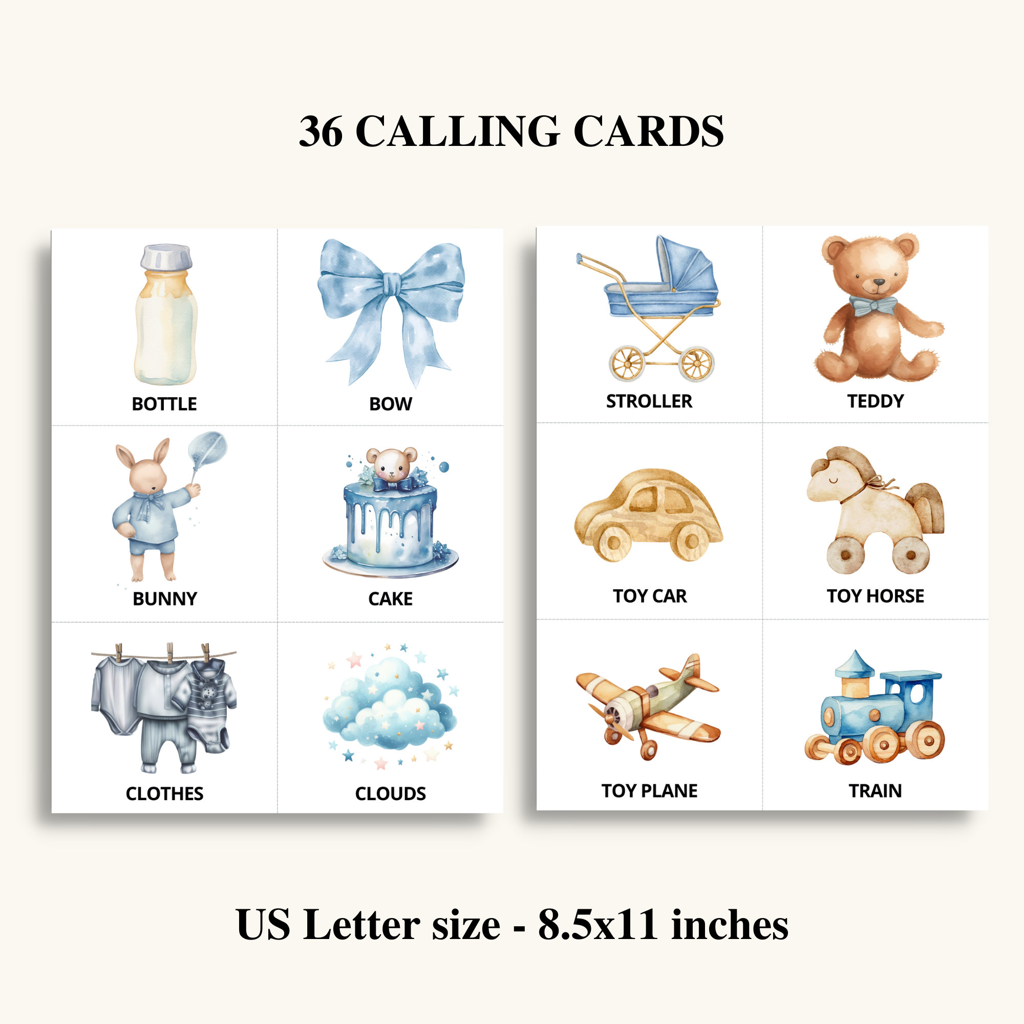 50 Printable Boy Baby Shower Bingo Cards Baby Shower Picture Bingo Blue ...