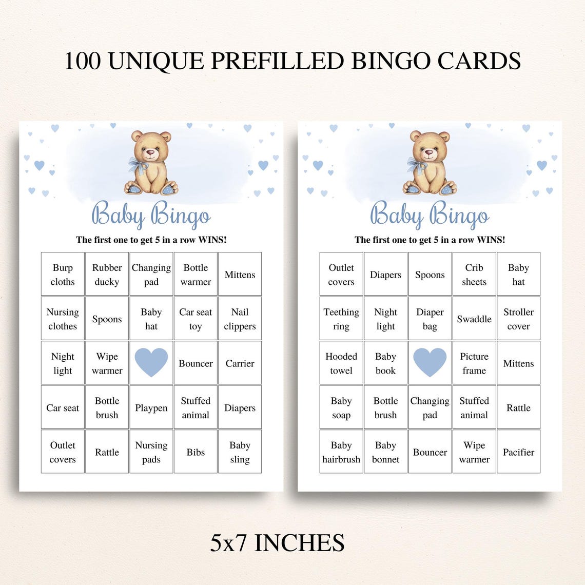 100 Printable Teddy Bear Baby Shower Bingo Cards, Prefilled Baby Shower ...