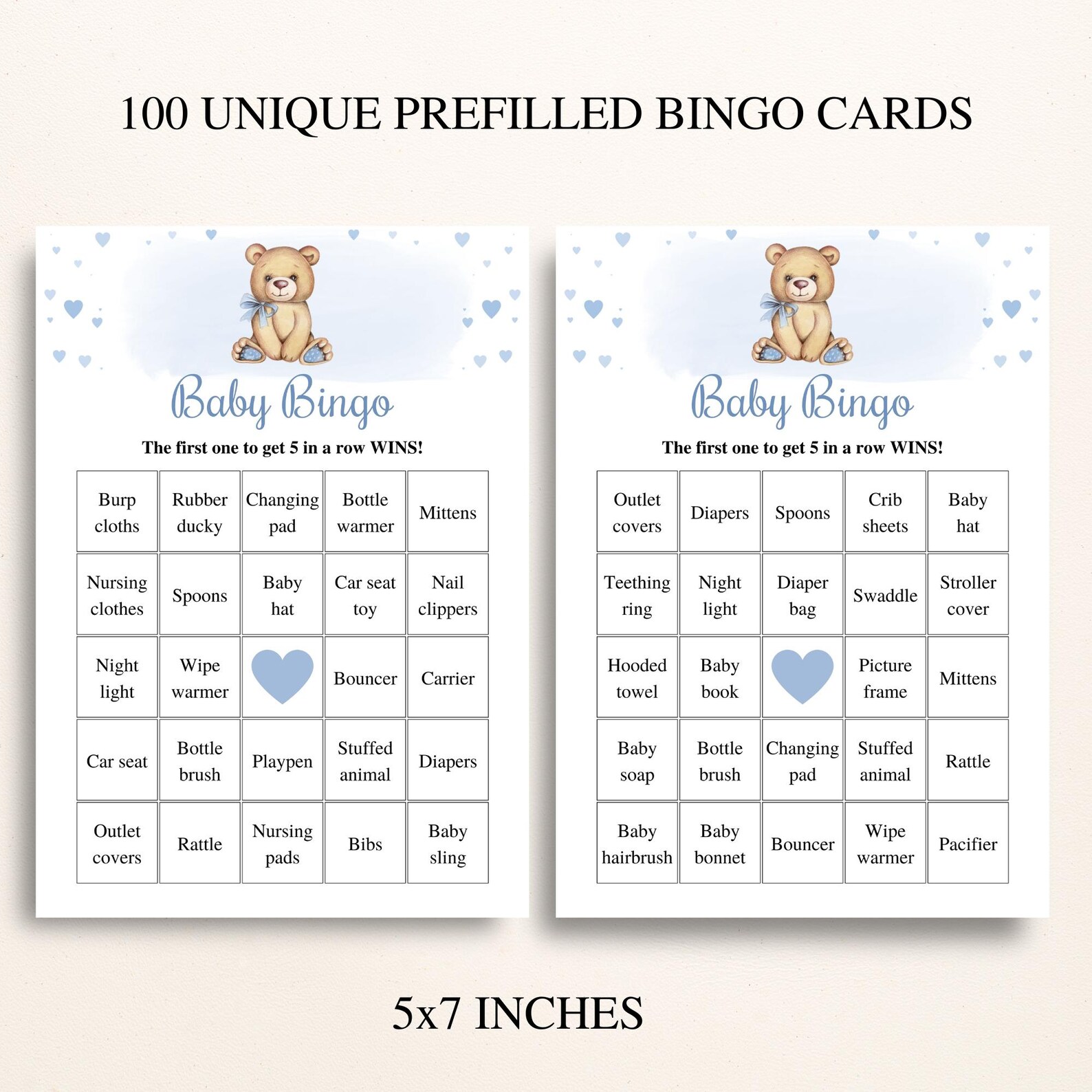 100 Printable Teddy Bear Baby Shower Bingo Cards, Prefilled Baby Shower ...