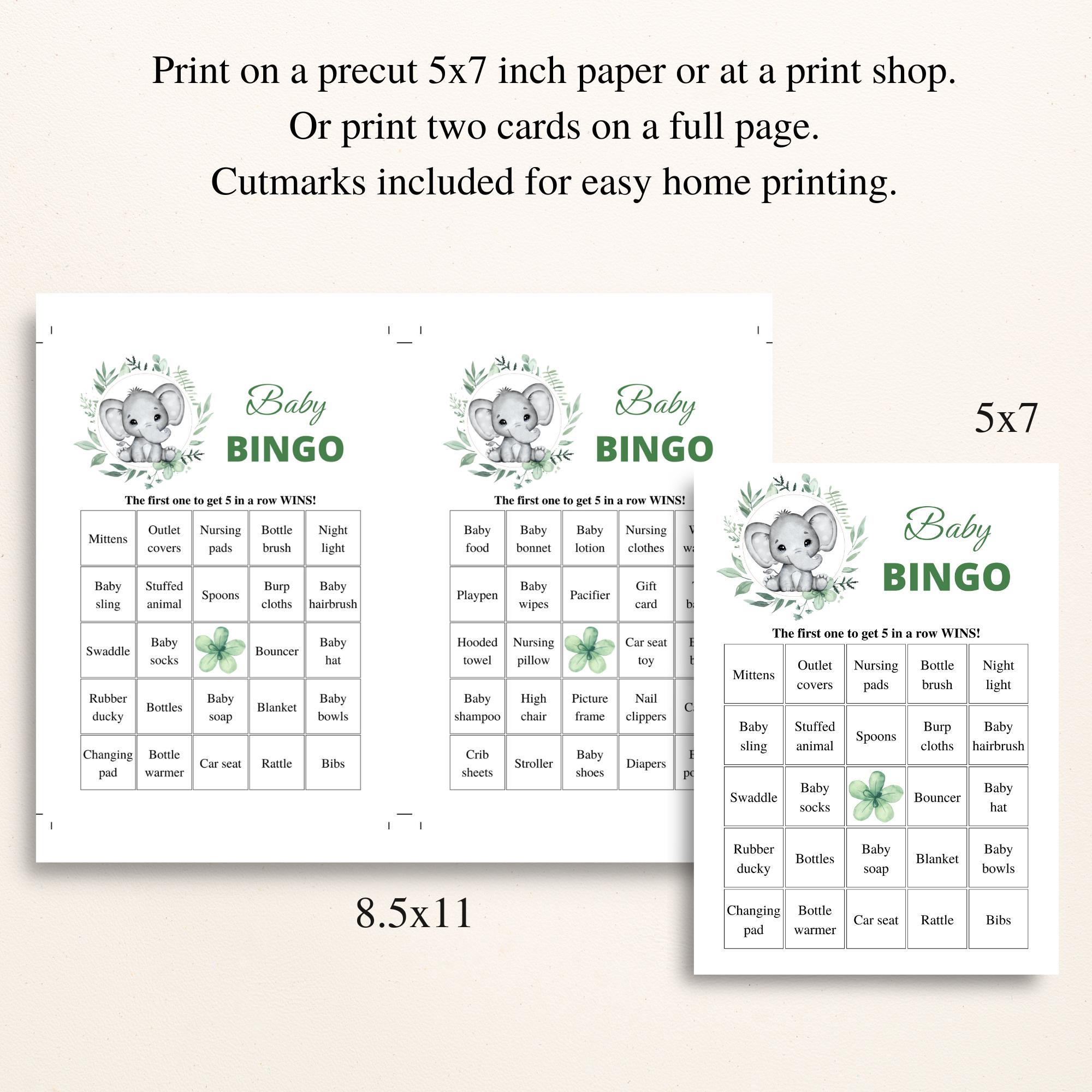 100 Printable Elephant Baby Shower Bingo Cards, Prefilled Baby Shower ...