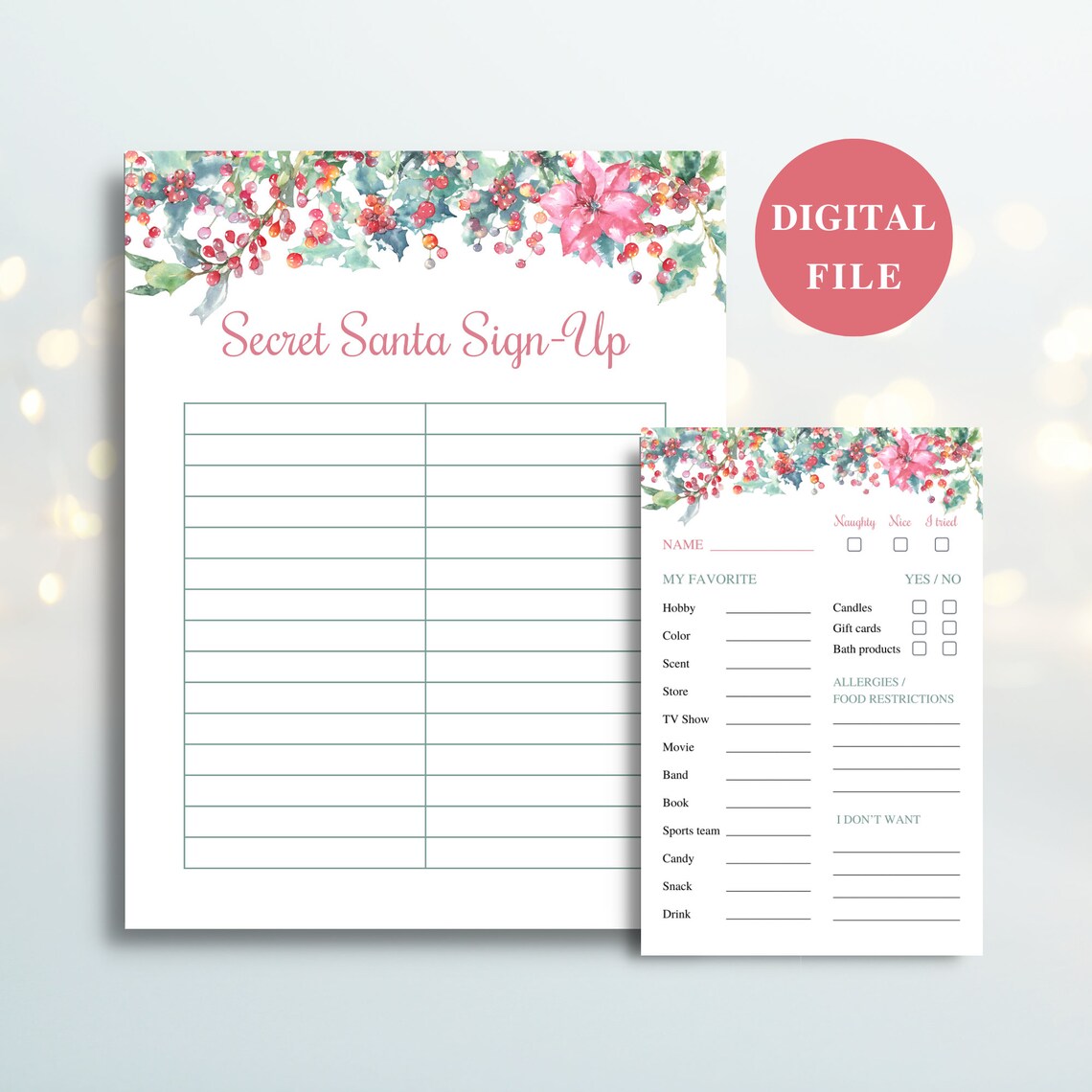 Printable Secret Santa Questionnaire and Sign up Sheet: DOWNLOAD - Etsy