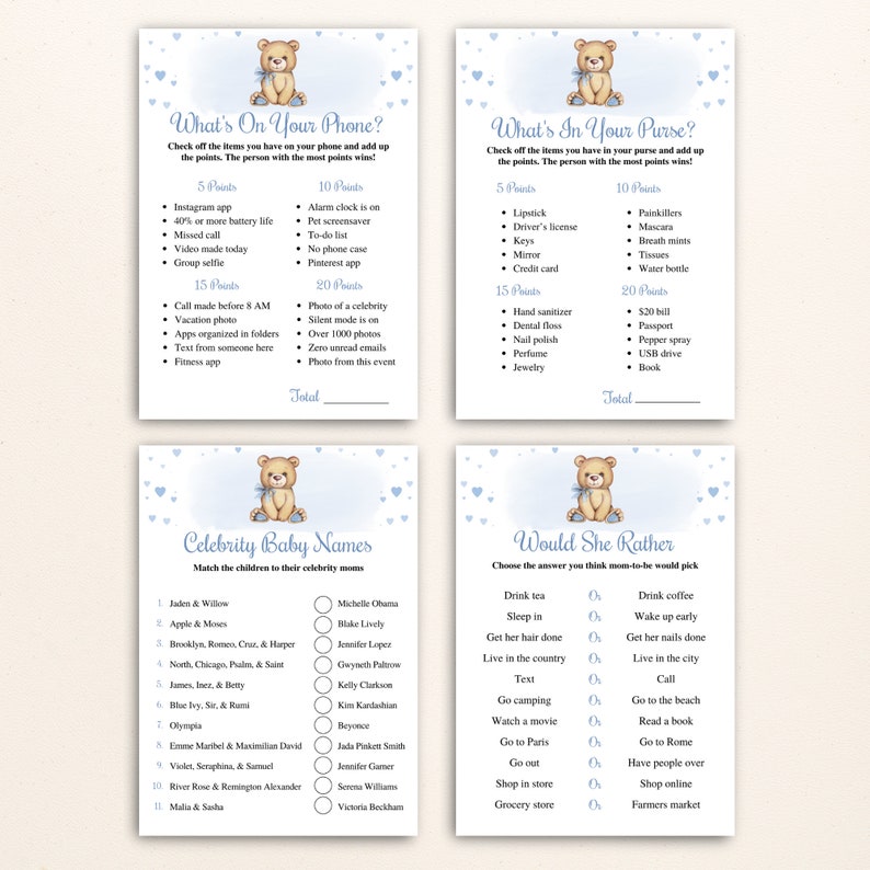 16 Printable Teddy Bear Baby Shower Games Blue Bear Baby Shower Games Boy Baby Sprinkle Games ...