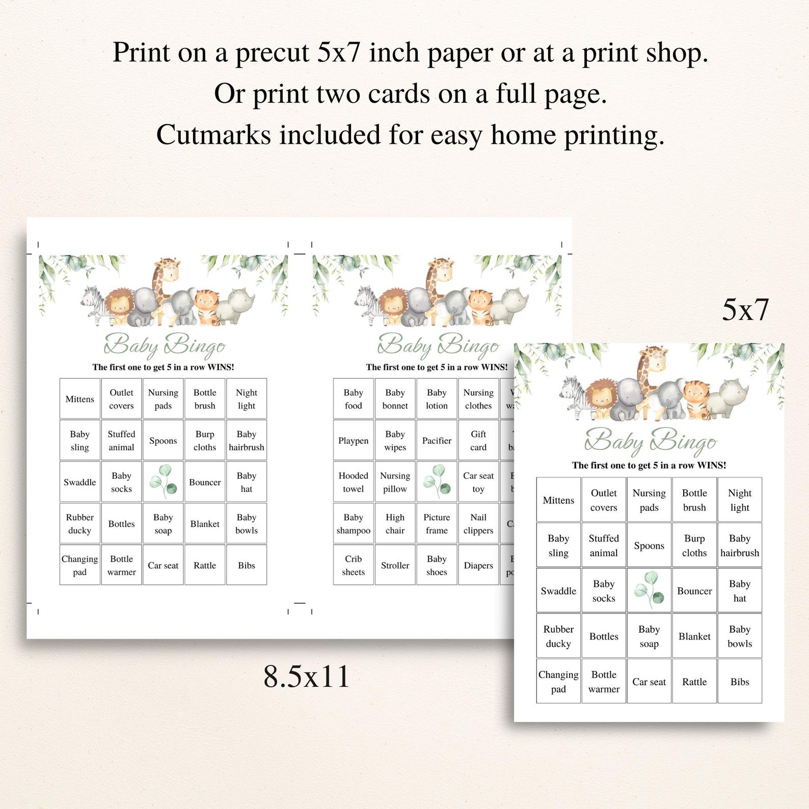 100 Printable Safari Baby Shower Bingo Cards, Prefilled Baby Gift Bingo ...