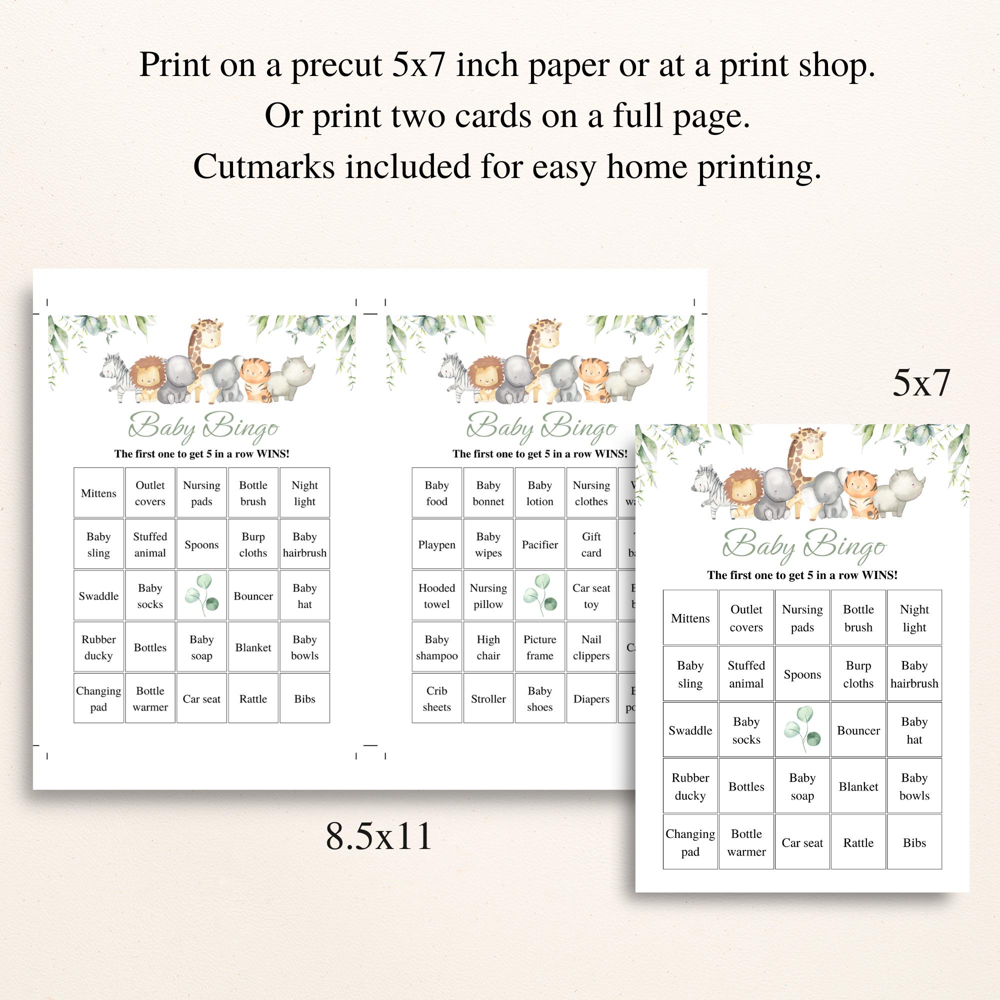 100 Printable Safari Baby Shower Bingo Cards, Prefilled Baby Gift Bingo ...