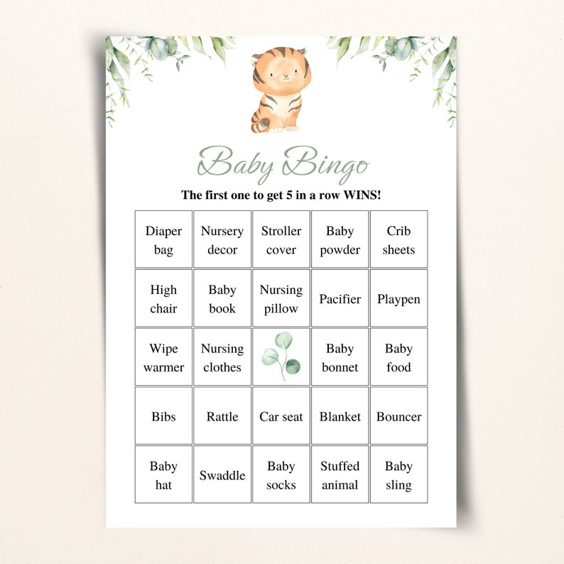 30 Printable Tiger Baby Shower Bingo Cards 5x7'' Prefilled Baby Bingo ...