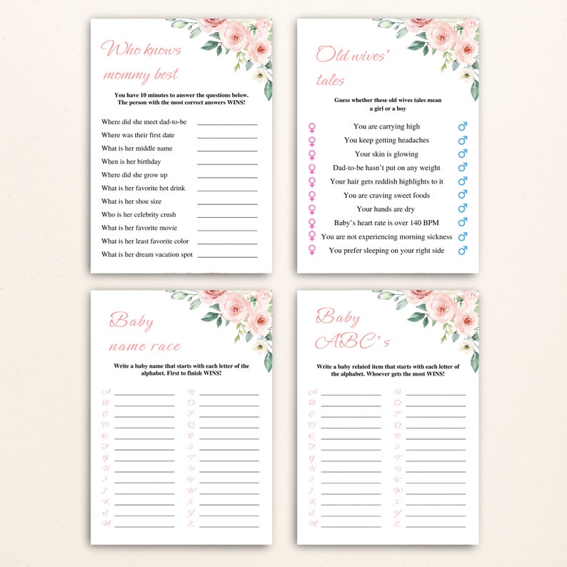 16 Printable Floral Baby Shower Games, Blush Pink Baby Shower Game ...