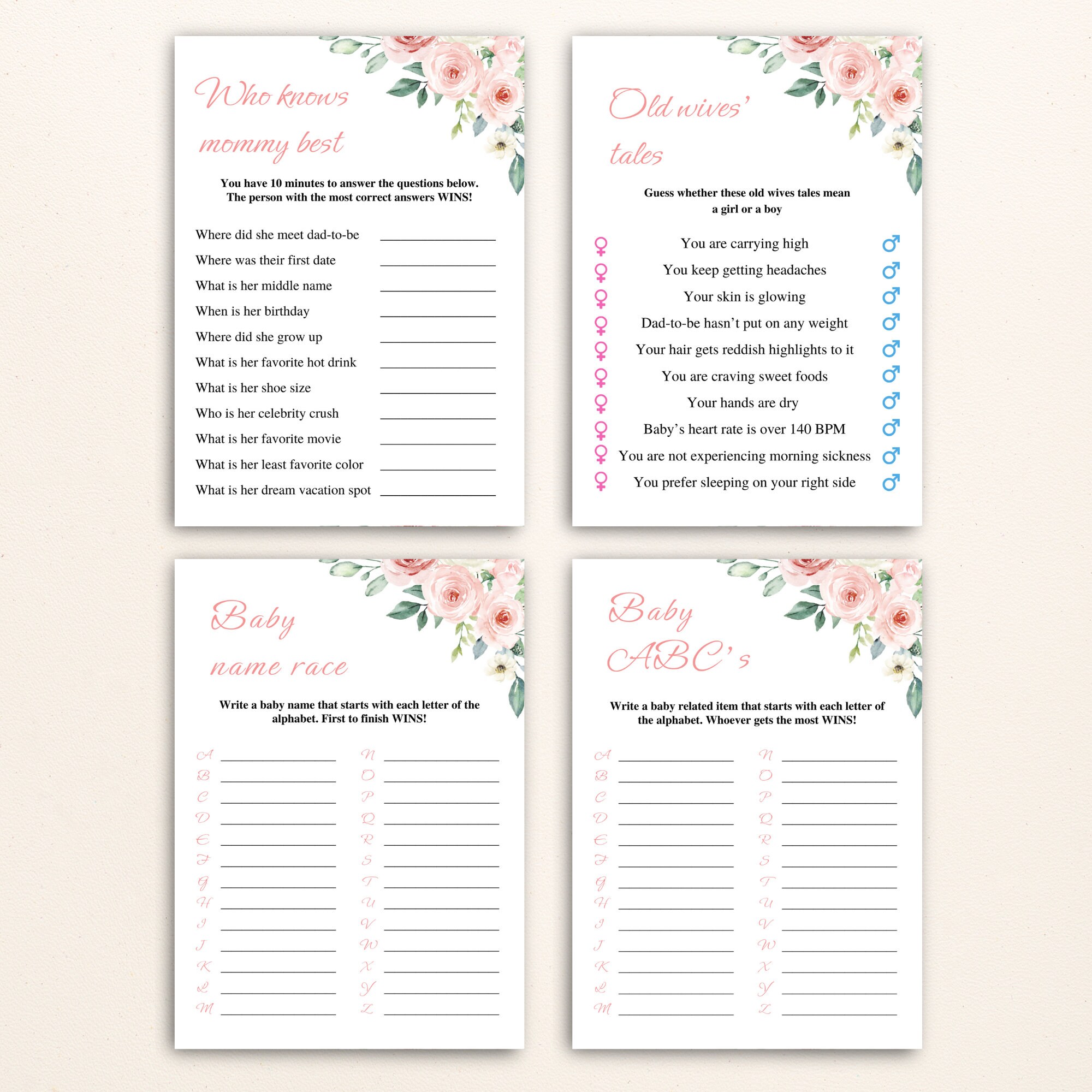 16 Printable Floral Baby Shower Games, Blush Pink Baby Shower Game ...