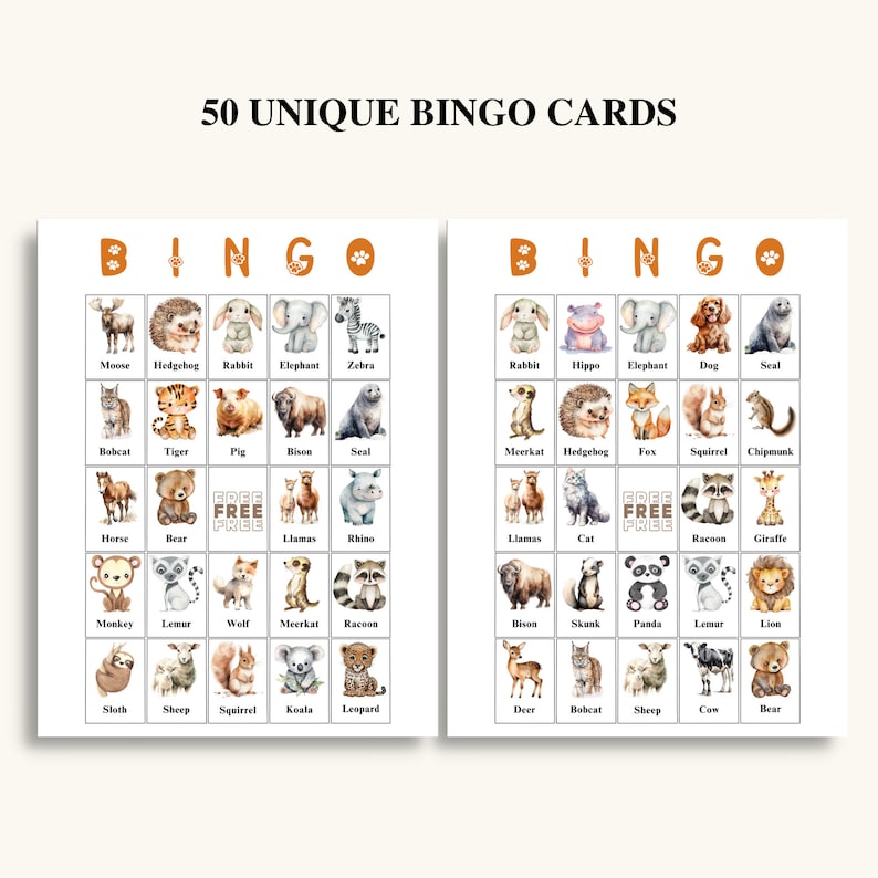 50 Printable Animal Bingo Cards Animal Picture Bingo Animal Birthday ...
