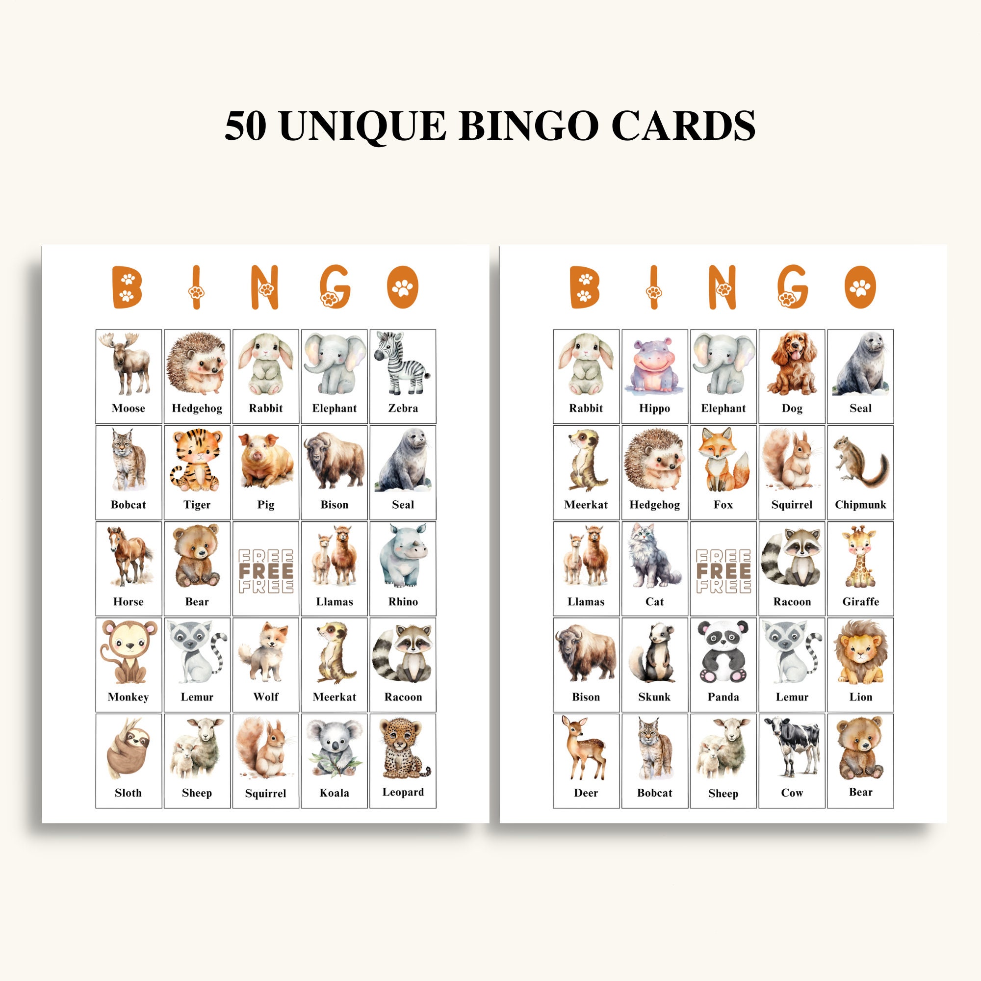 50 Printable Animal Bingo Cards Animal Picture Bingo Animal Birthday ...