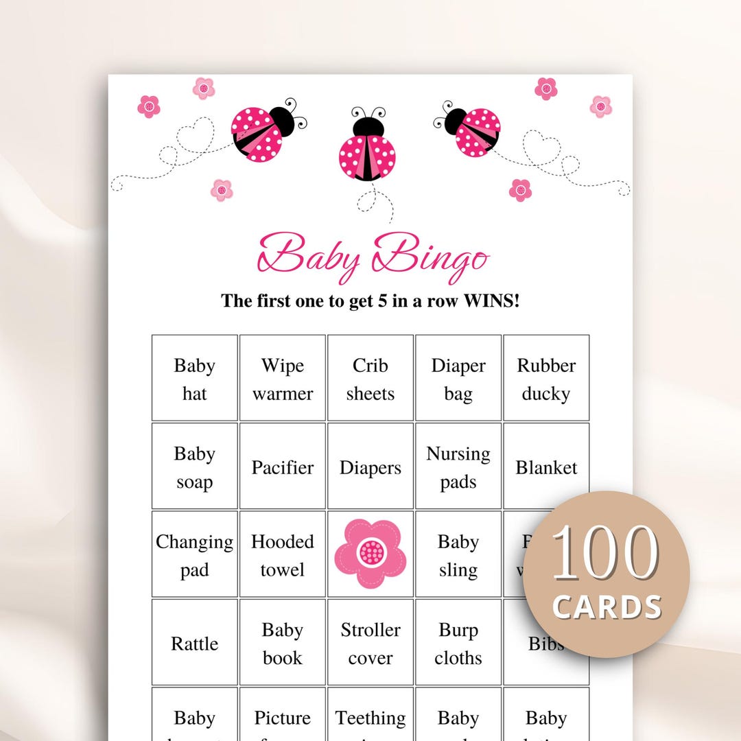 100 Printable Pink Ladybug Baby Shower Bingo Cards: Prefilled Gift ...