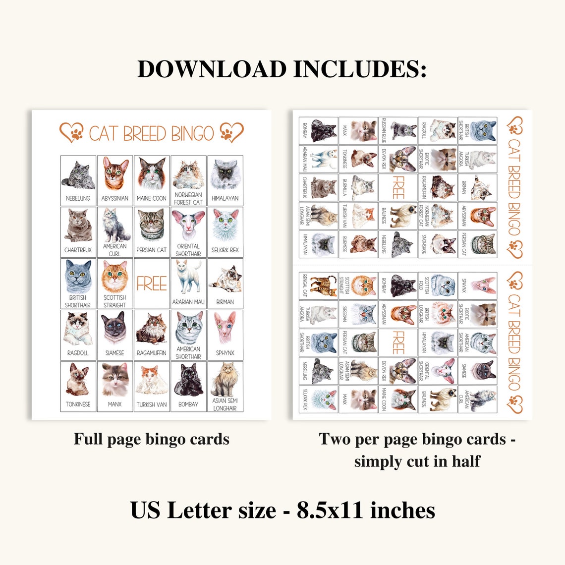 50 Printable Cat Breed Picture Bingo Cards, Cat Birthday Party Games ...
