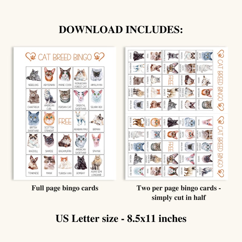 50 Printable Cat Breed Picture Bingo Cards, Cat Birthday Party Games ...
