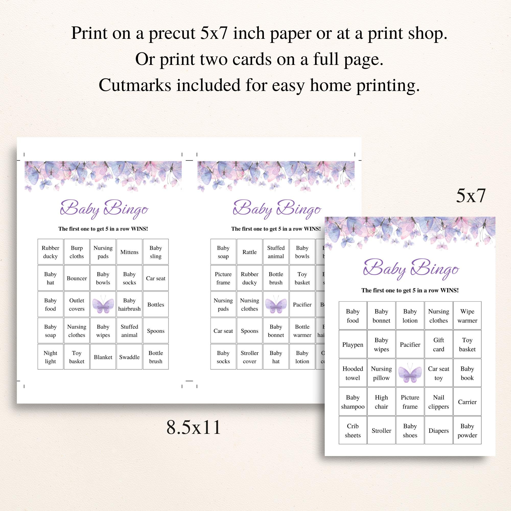 100 Printable Purple Butterfly Baby Shower Bingo Cards: Prefilled Gift ...