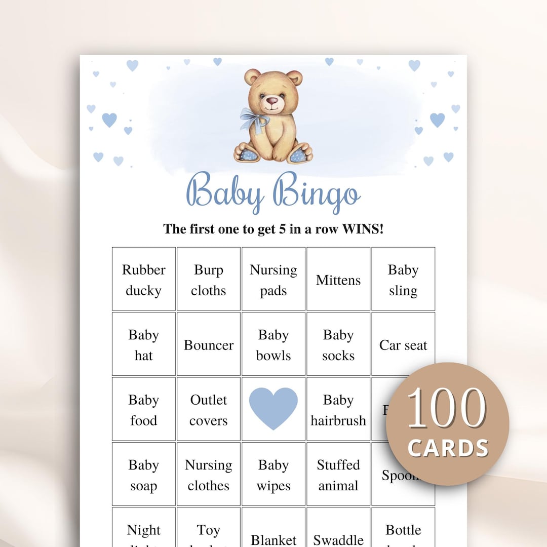 100 Printable Teddy Bear Baby Shower Bingo Cards, Prefilled Baby Shower ...