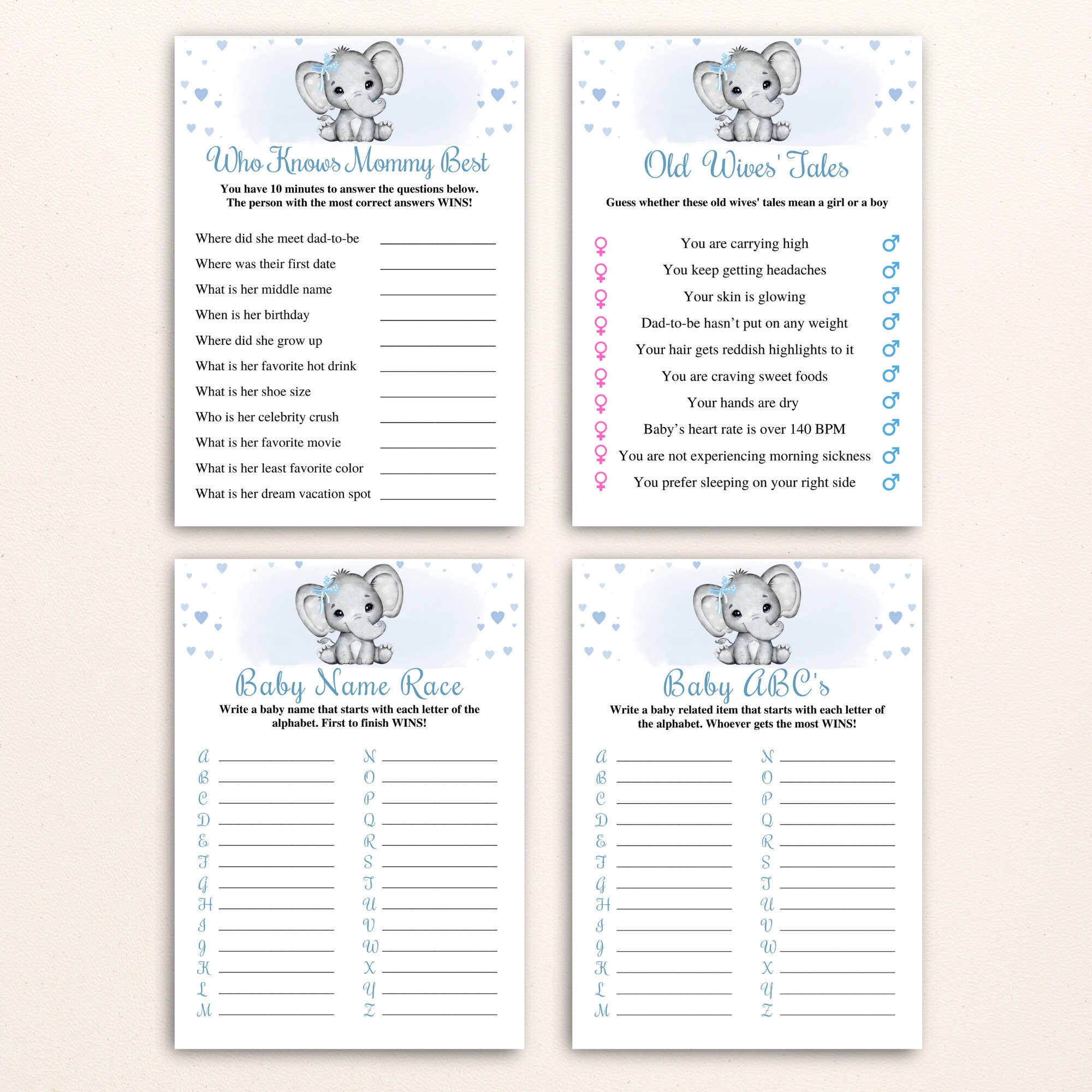 16 Printable Elephant Baby Shower Games, Boy Elephant Baby Shower Game ...
