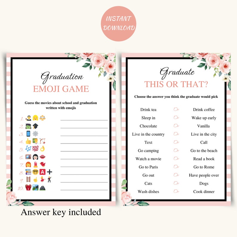 10 Printable Graduation Party Games, Floral Graduation Game Pack, Fun ...