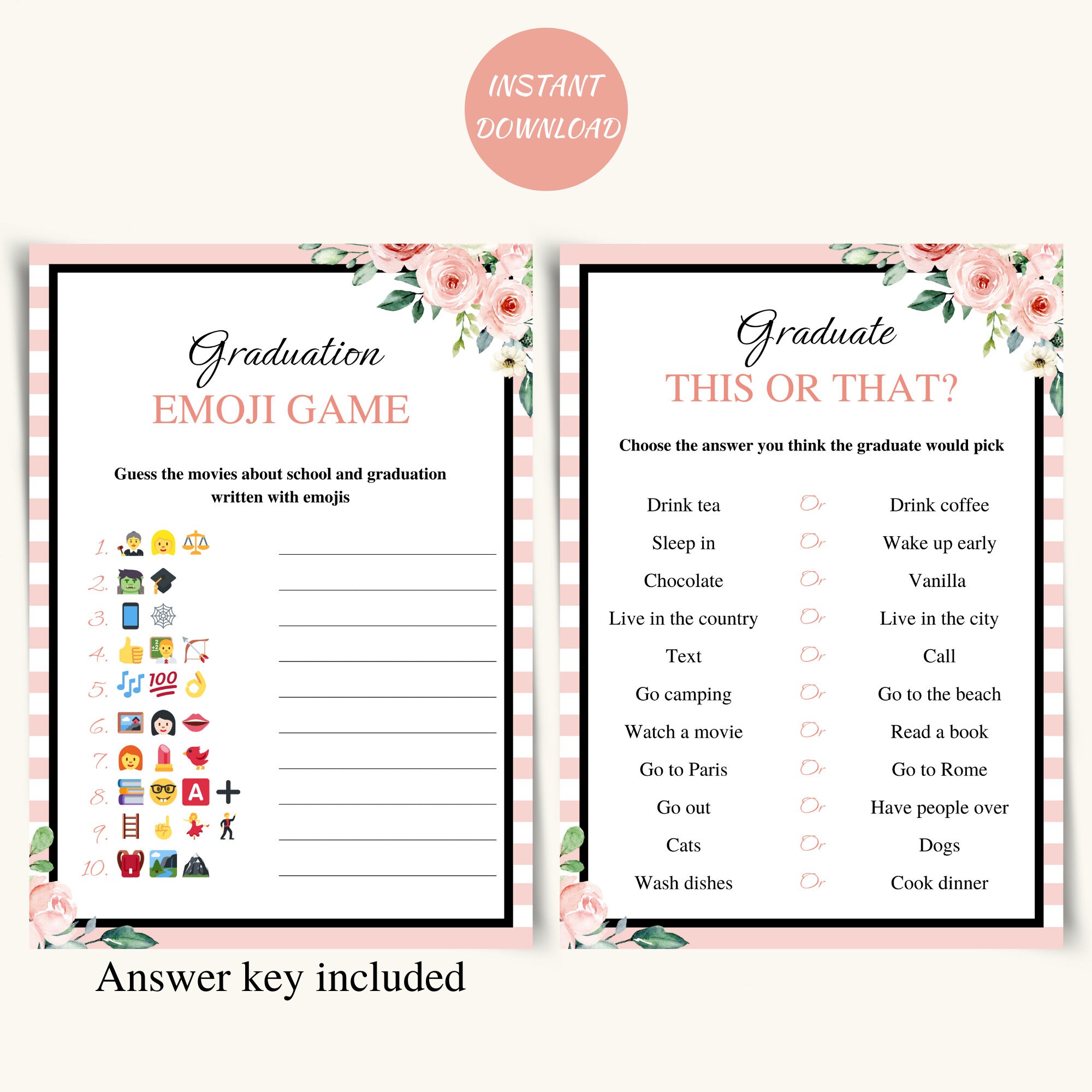 10 Printable Graduation Party Games, Floral Theme Grad Games, DOWNLOAD ...