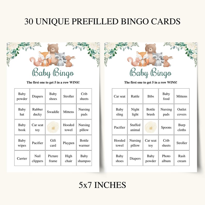 30 Printable Prefilled Baby Shower Bingo Cards, Woodland Baby Shower ...