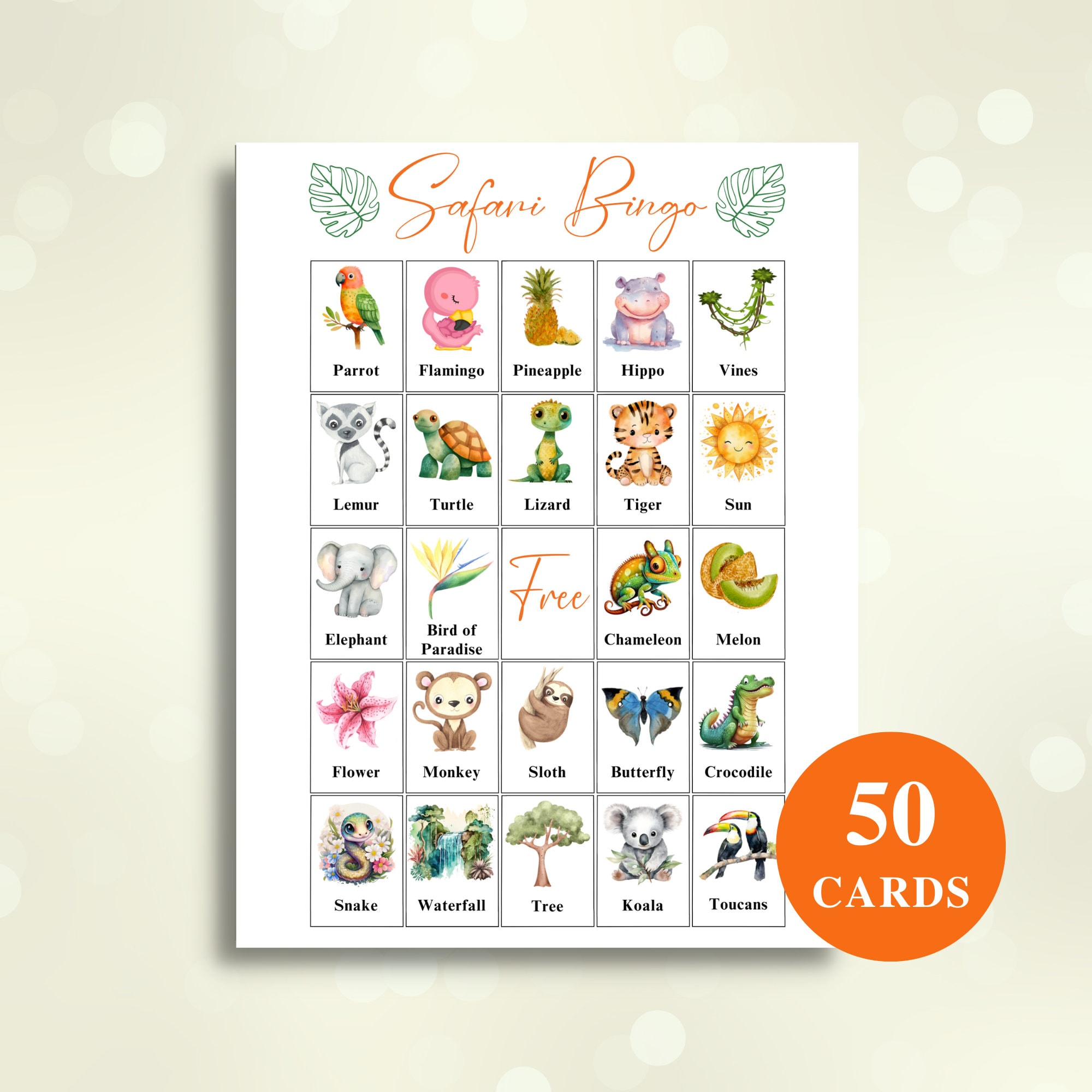 50 Printable Safari Bingo Cards Safari Themed Picture Bingo Safari Baby ...
