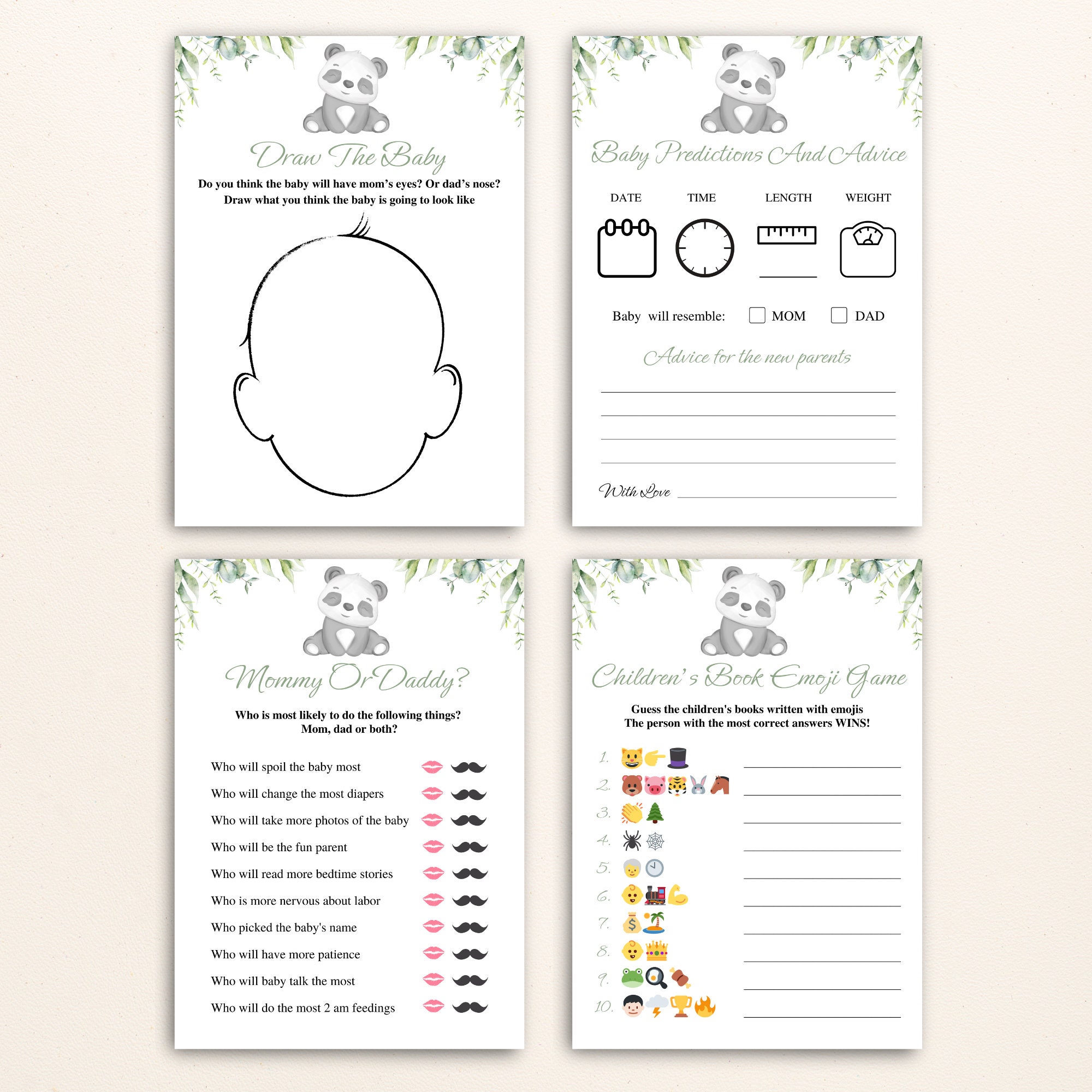 16 Printable Panda Baby Shower Games Jungle Baby Shower Game Bundle ...