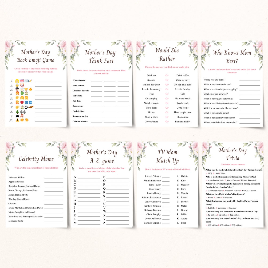 Printable Mothers Day Game Bundle Mothers Day Games for - Etsy