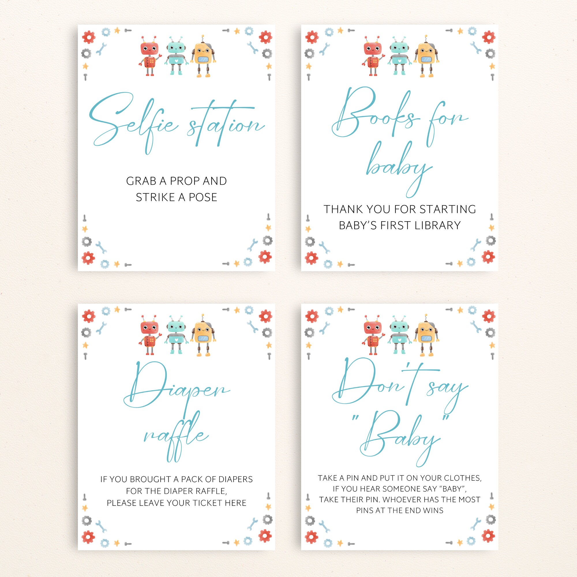 16 Printable Little Robot Baby Shower Table Signs, Cartoon Baby Shower ...