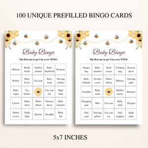 100 Printable Honey Bee Baby Shower Bingo Cards: Prefilled Gift Bingo ...