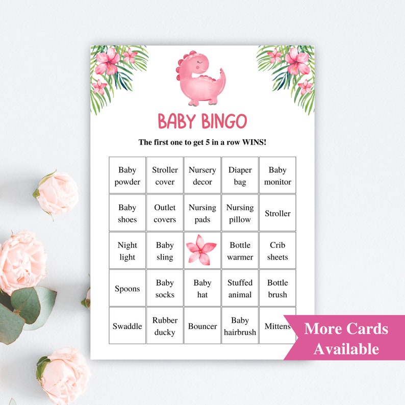30 Printable Pink Dinosaur Baby Shower Bingo Cards 5x7'' Prefilled Baby ...