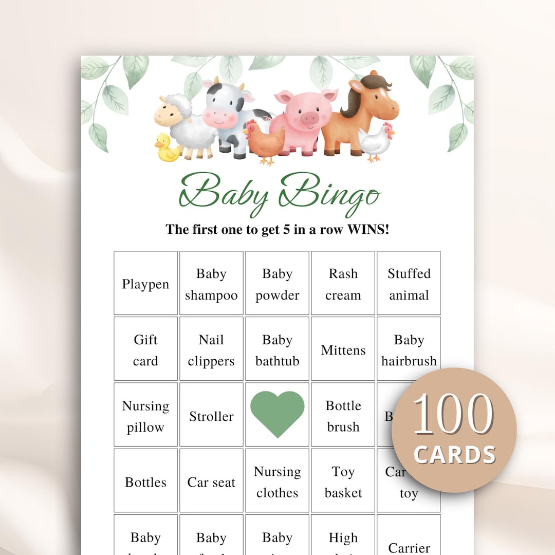 100 Printable Farm Baby Shower Bingo Cards, Prefilled Baby Shower Gift ...