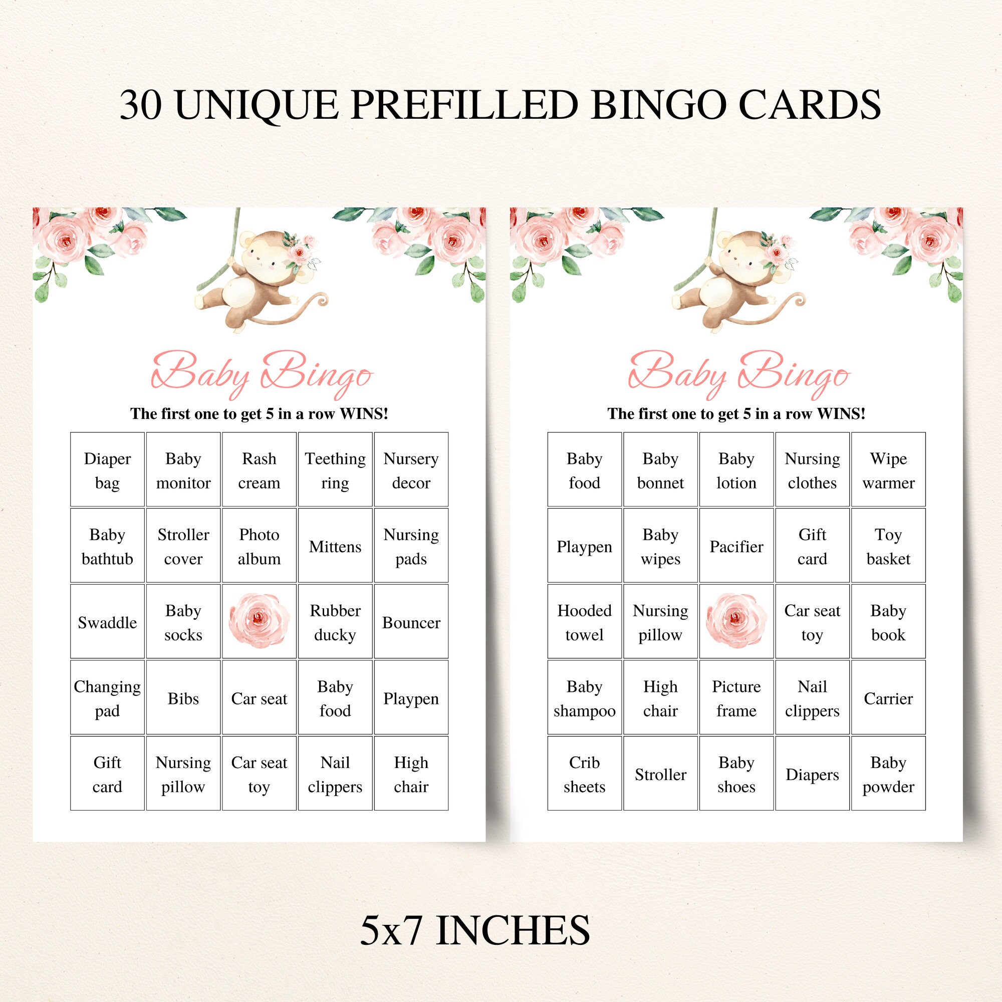 30 Printable Pink Monkey Baby Shower Bingo Cards 5x7'' Prefilled Baby ...