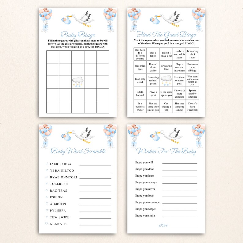 16 Printable Stork Baby Shower Games Blue Stork Theme Baby Shower Game ...