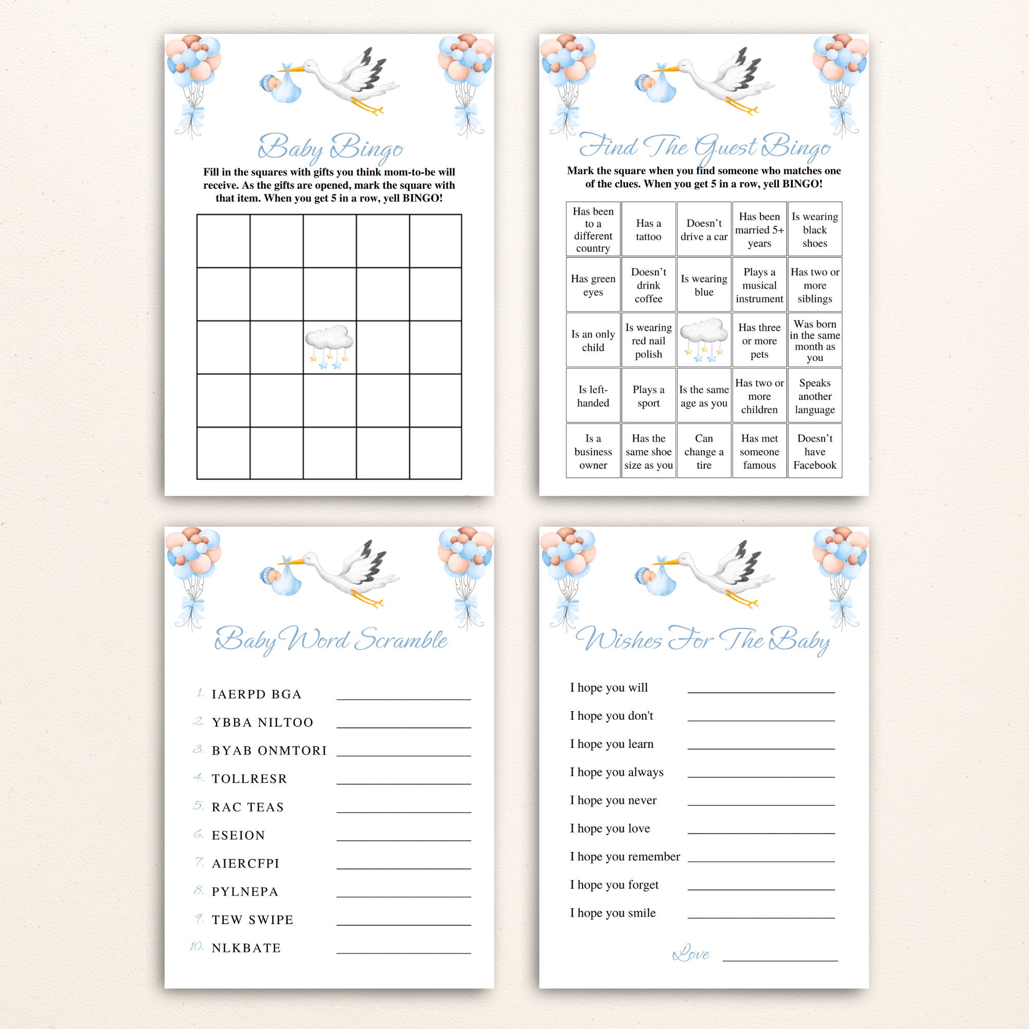 16 Printable Stork Baby Shower Games Blue Stork Theme Baby Shower Game ...