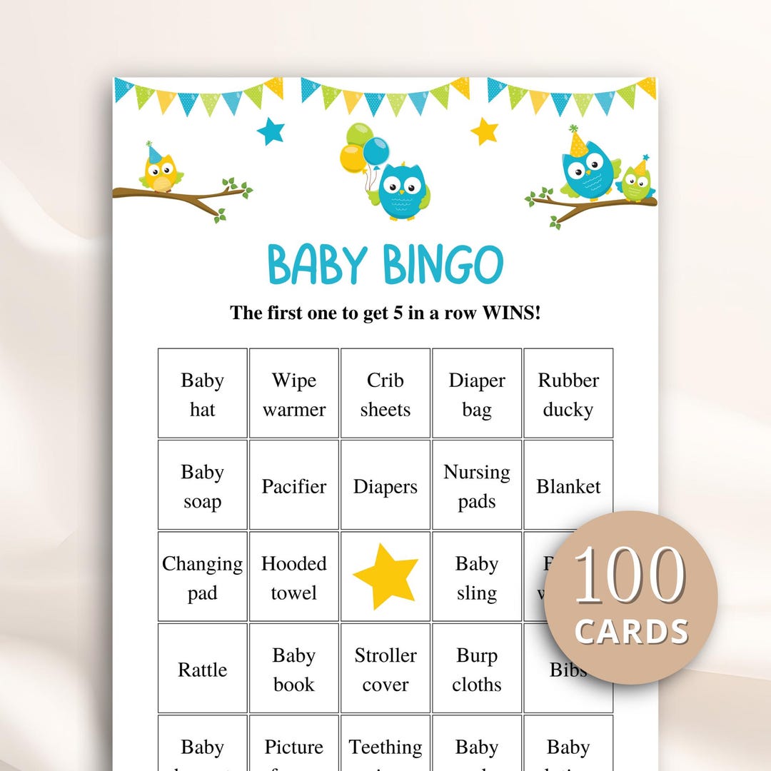 100 Printable Blue Owl Baby Shower Bingo Cards, Prefilled Baby Shower ...