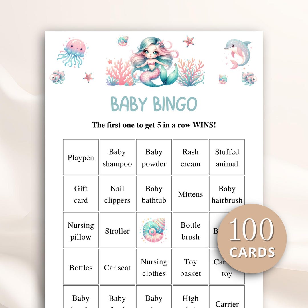 100 Printable Mermaid Baby Shower Bingo Cards: Prefilled Gift Bingo ...