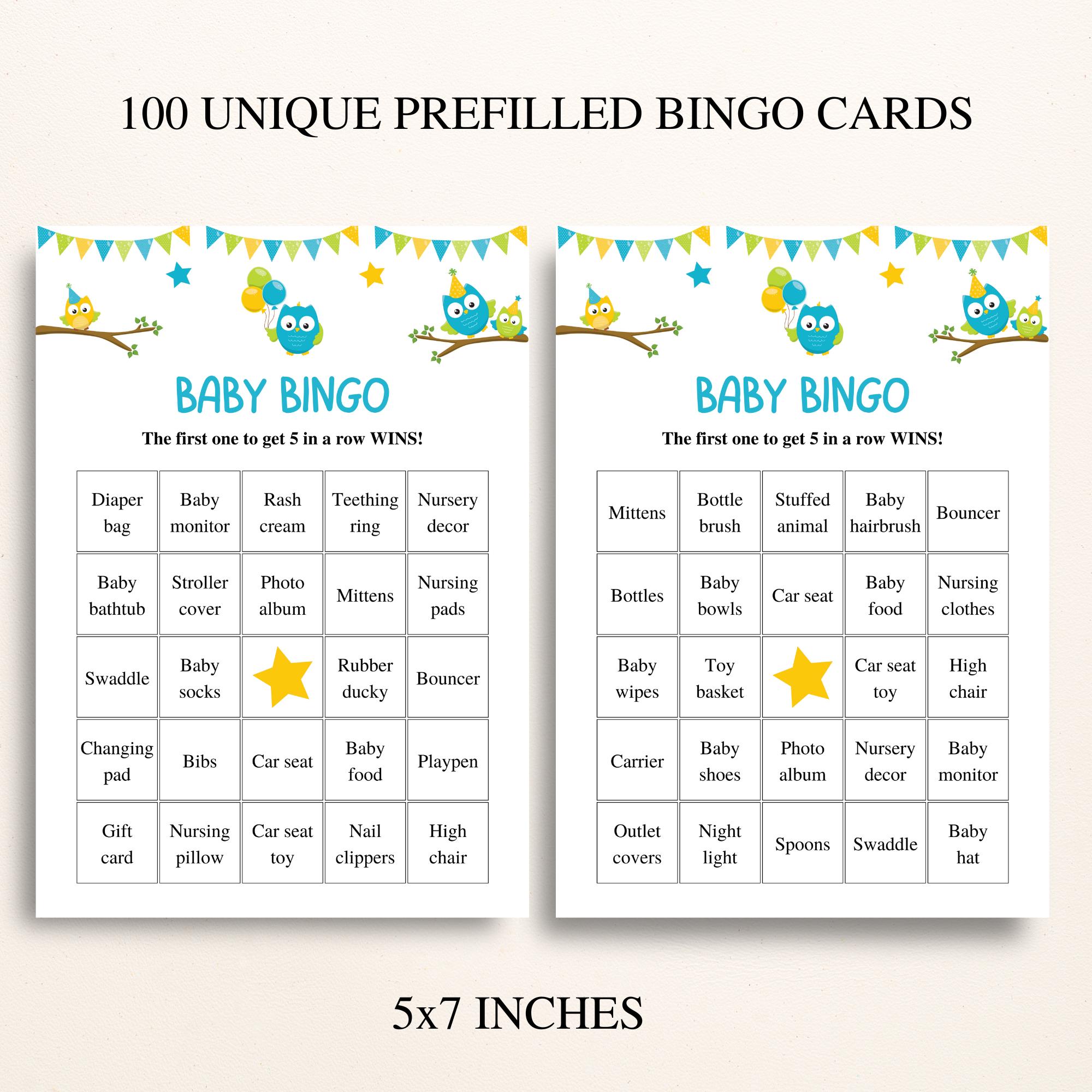100 Printable Blue Owl Baby Shower Bingo Cards, Prefilled Baby Shower ...