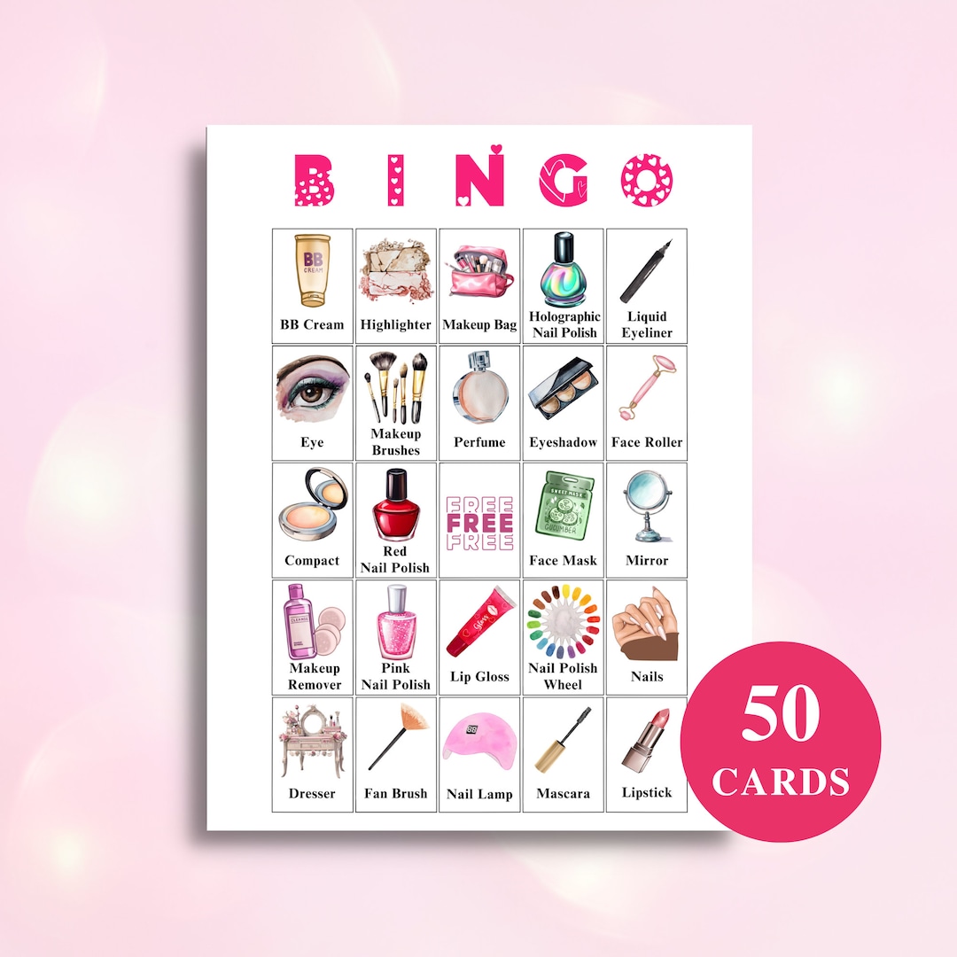 50 Printable Makeup Bingo Cards | Makeup Themed Picture Bingo | Slumber Party Games | Birthday ...