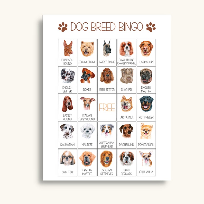 50 Printable Dog Bingo Cards | Dog Breed Picture Bingo | Dog Themed ...