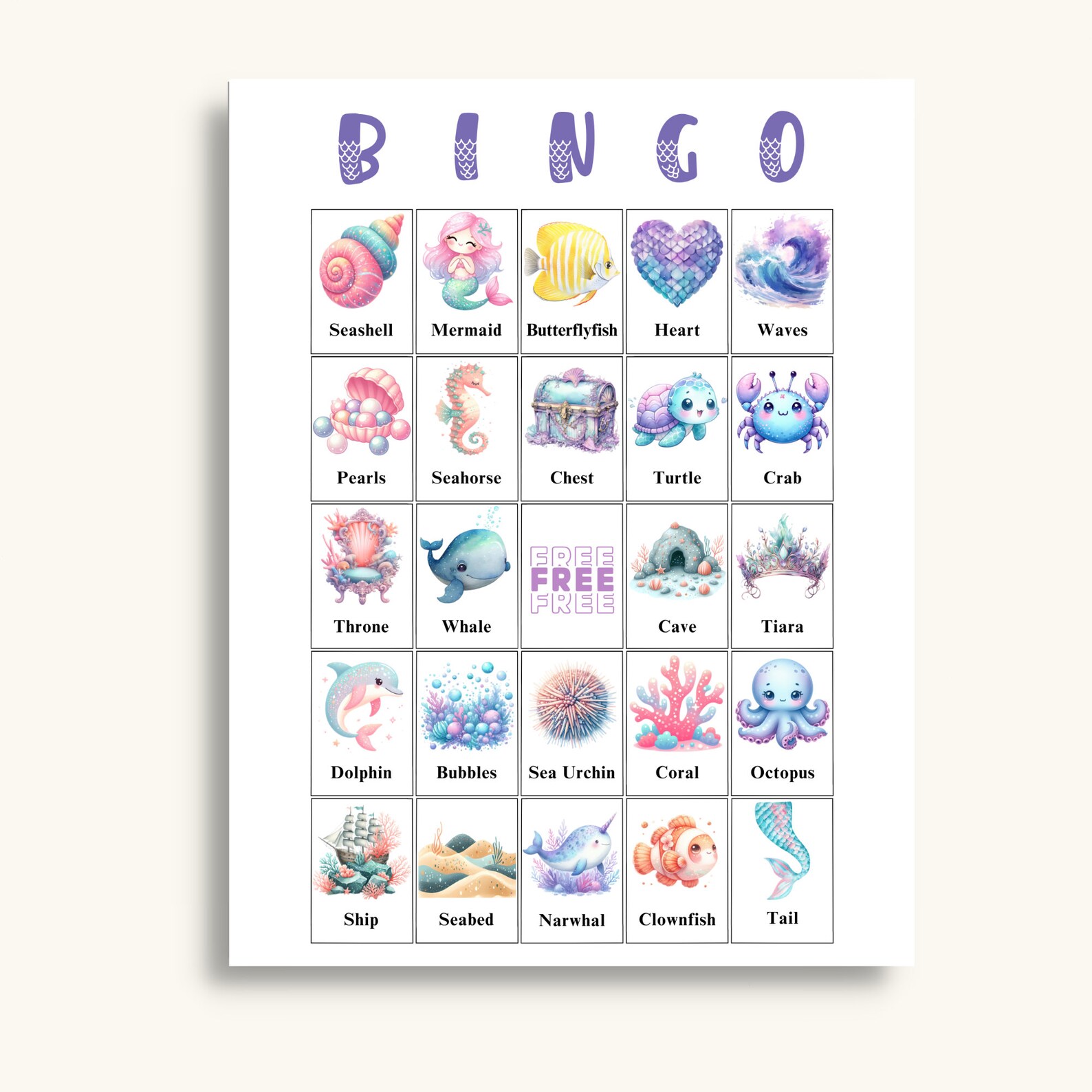 50 Printable Mermaid Bingo Cards, Mermaid Picture Bingo, Mermaid ...