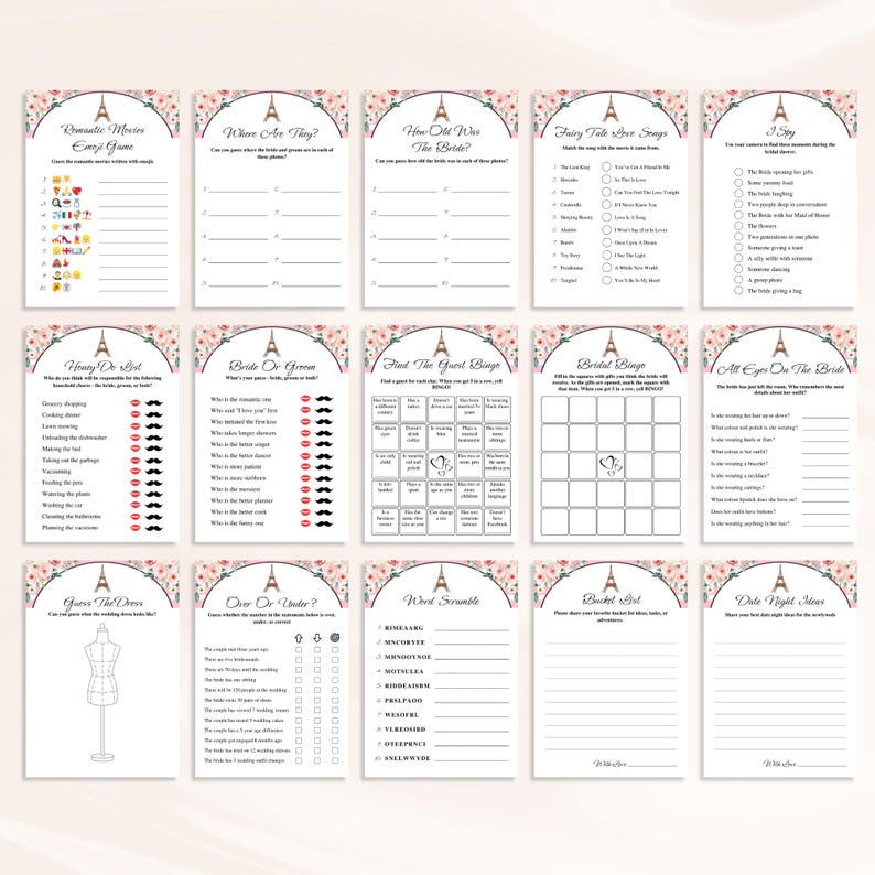 30 Printable Paris Bridal Shower Games, Eiffel Tower Bridal Shower ...