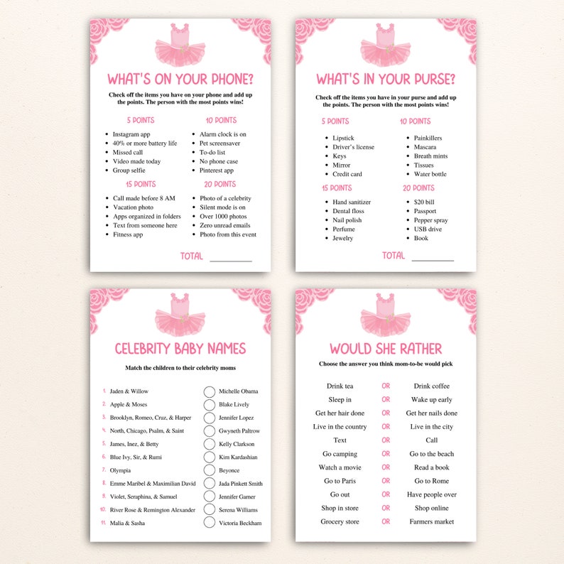 16 Printable Tutu Baby Shower Game Bundle, Ballerina Baby Shower Games ...