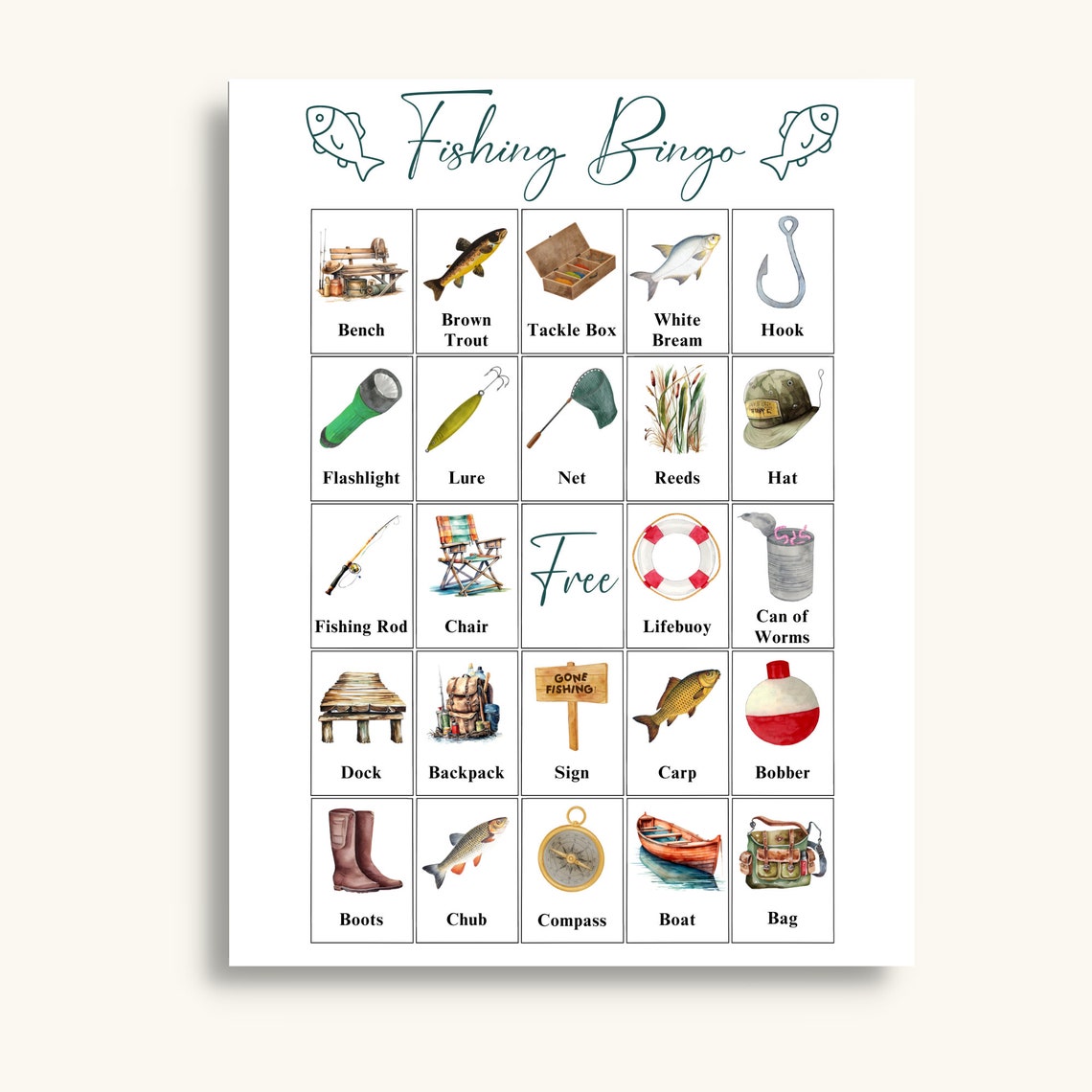 50 Printable Fishing Bingo Cards Fishing Themed Picture Bingo Fishing ...