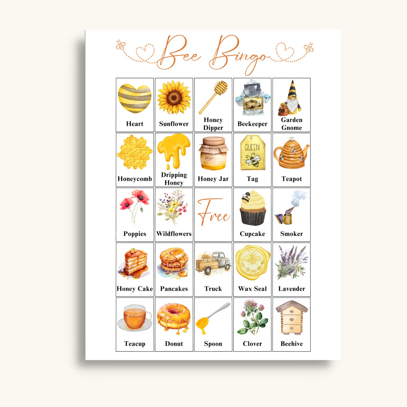 50 Printable Bee Picture Bingo Cards, Bee Bridal Shower Games, Bee Baby ...