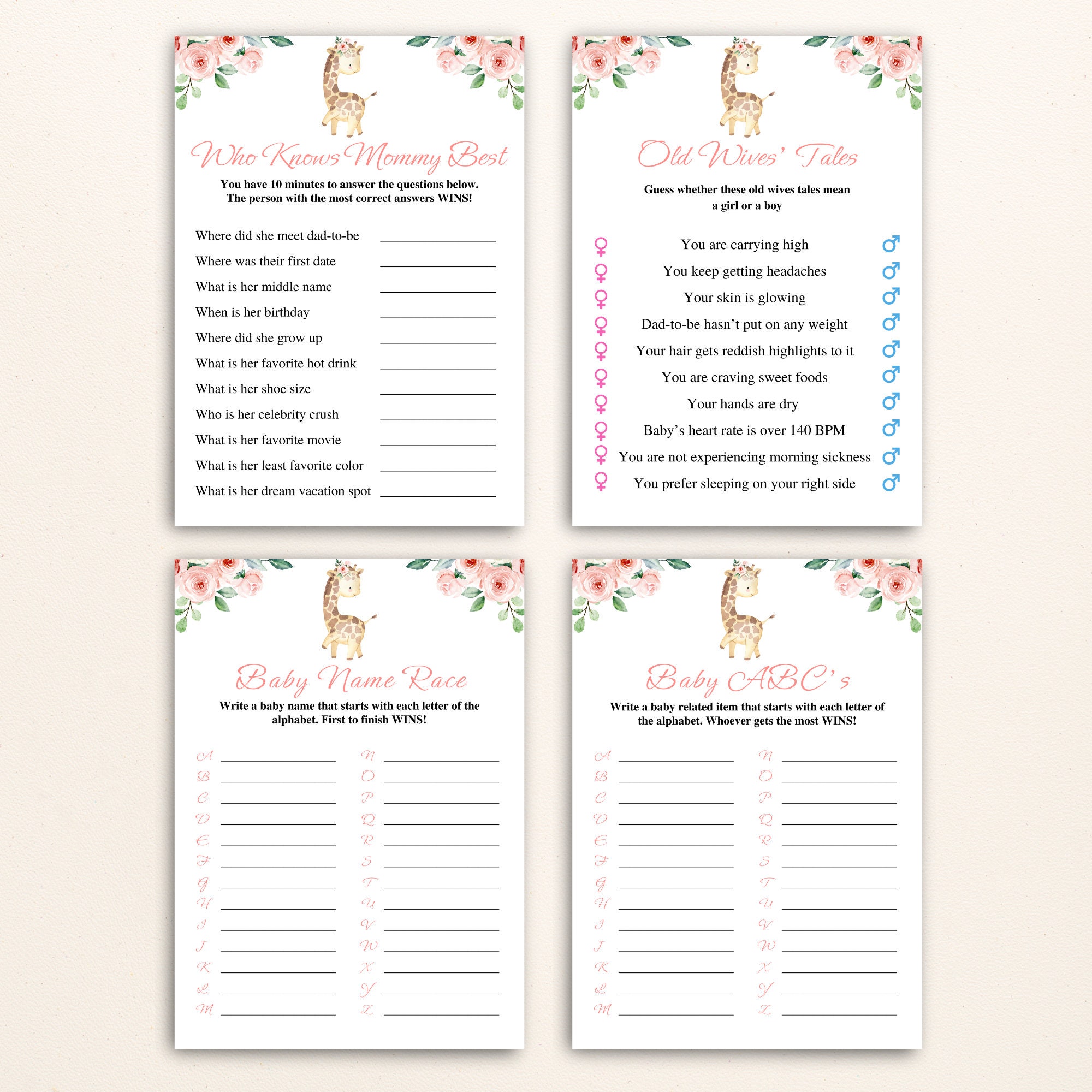 16 Printable Pink Giraffe Baby Shower Games Floral Safari Baby Shower ...
