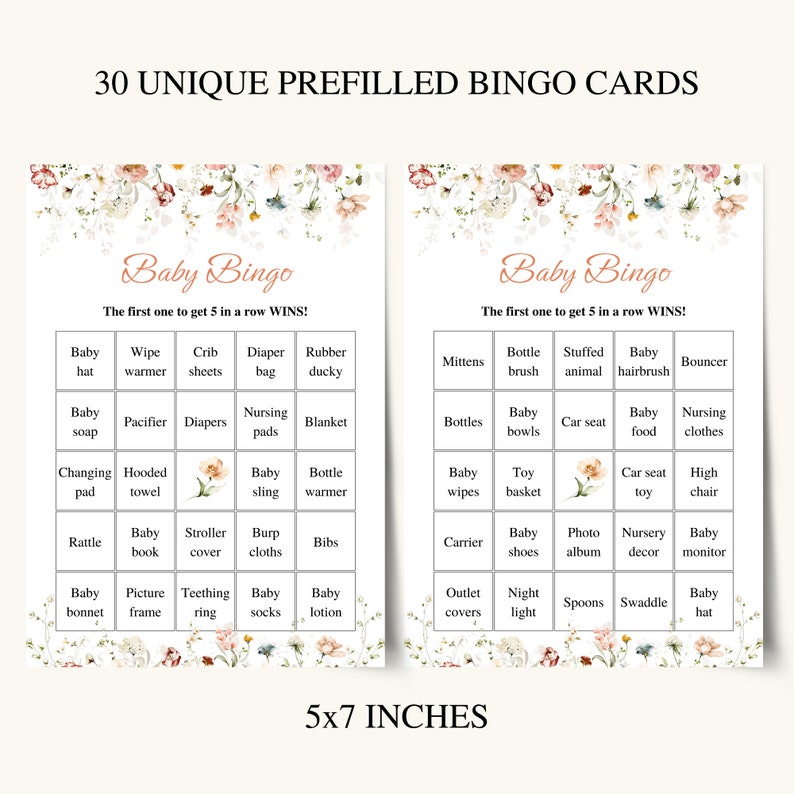 30 Printable Prefilled Baby Shower Bingo Cards Wildflower Baby Shower ...