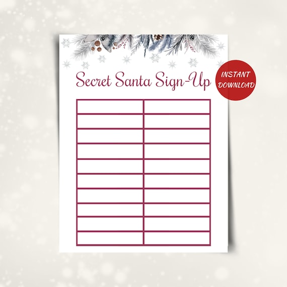 Printable Secret Santa Sign up Sheet Christmas Gift Exchange - Etsy
