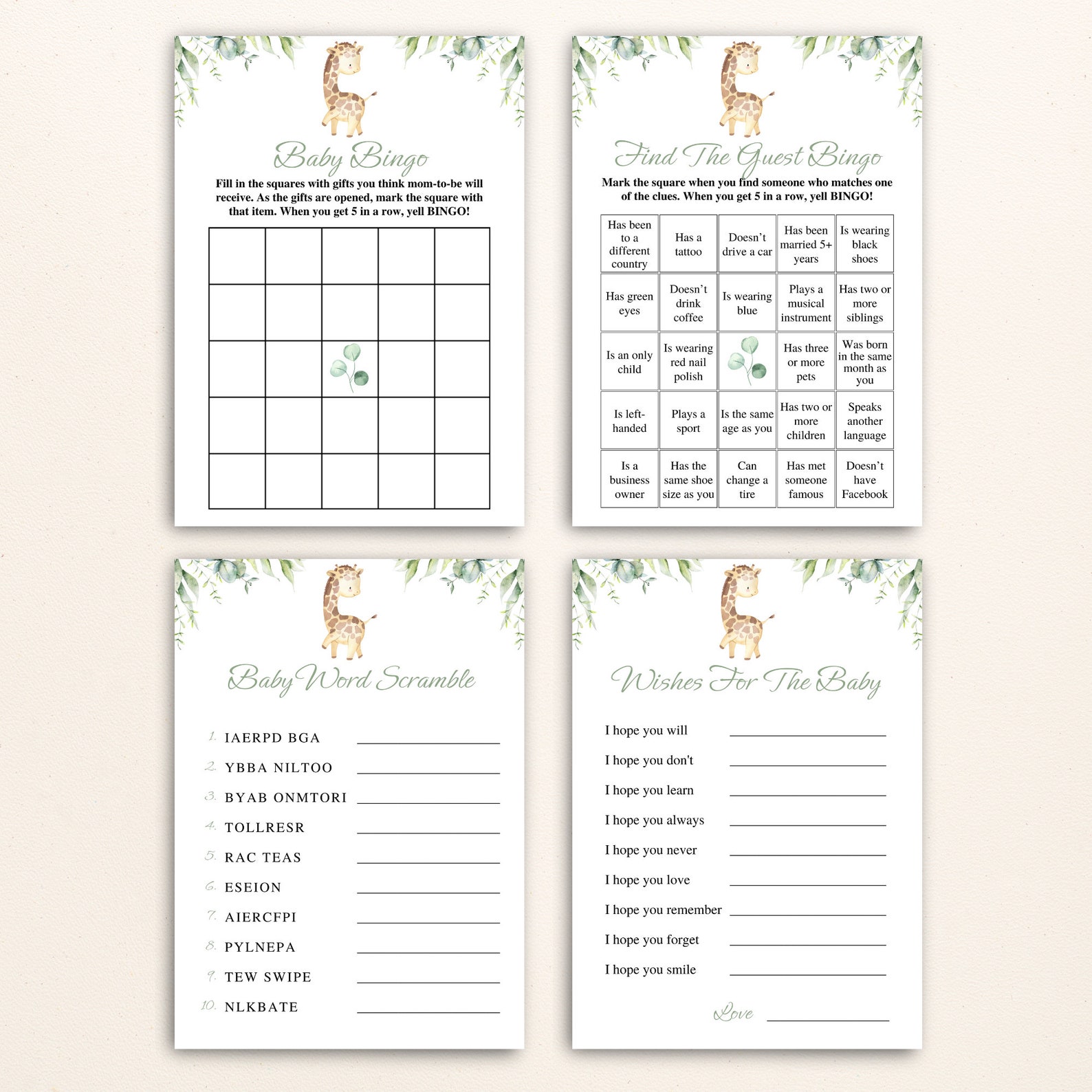 16 Printable Giraffe Baby Shower Games Safari Baby Shower Game Bundle ...