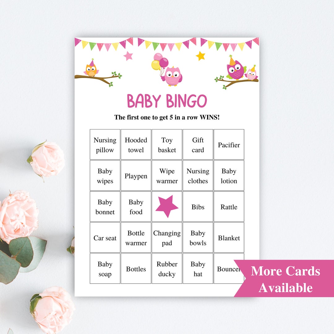 30 Printable Pink Owl Baby Shower Bingo Cards | 5x7'' Prefilled Baby ...