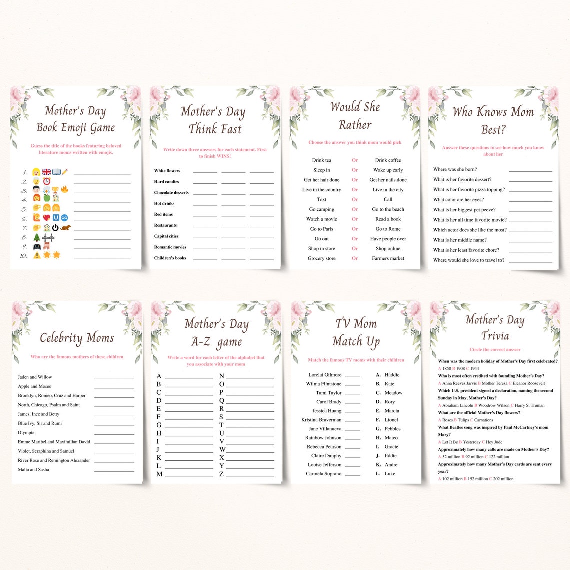 Printable Mothers Day Game Bundle Mothers Day Games for - Etsy